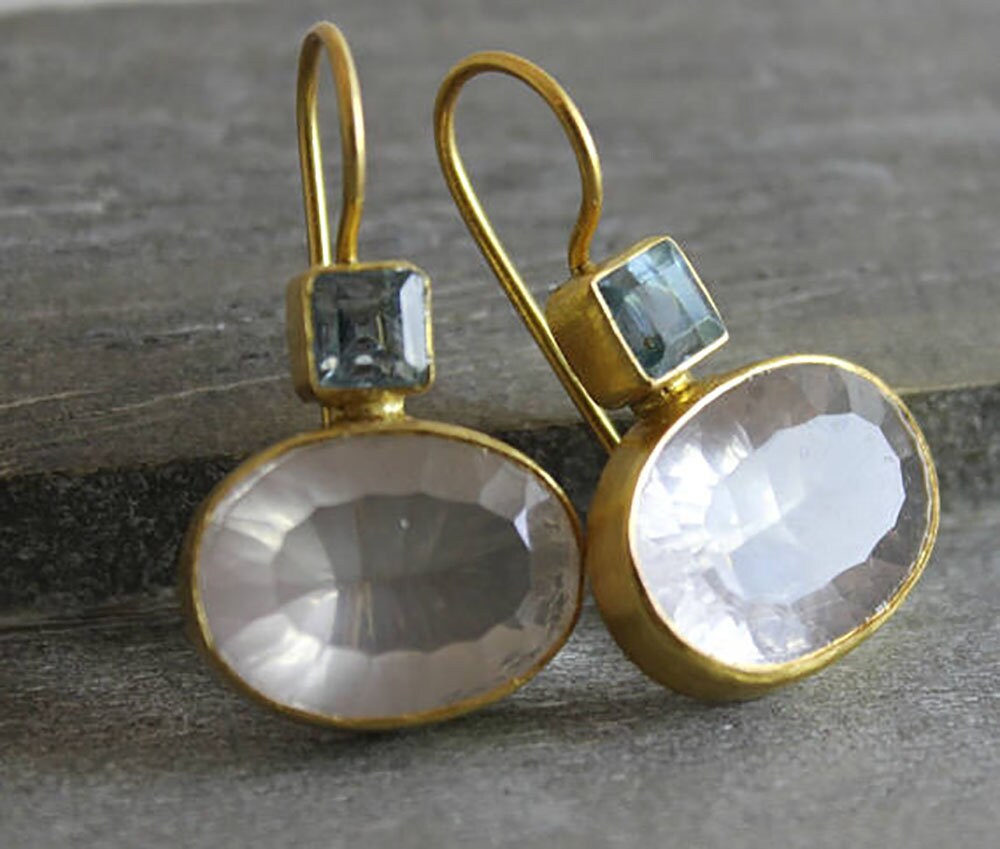 Rose Quartz Blue Topaz Drop Earrings Gemstone Earrings gold | Etsy