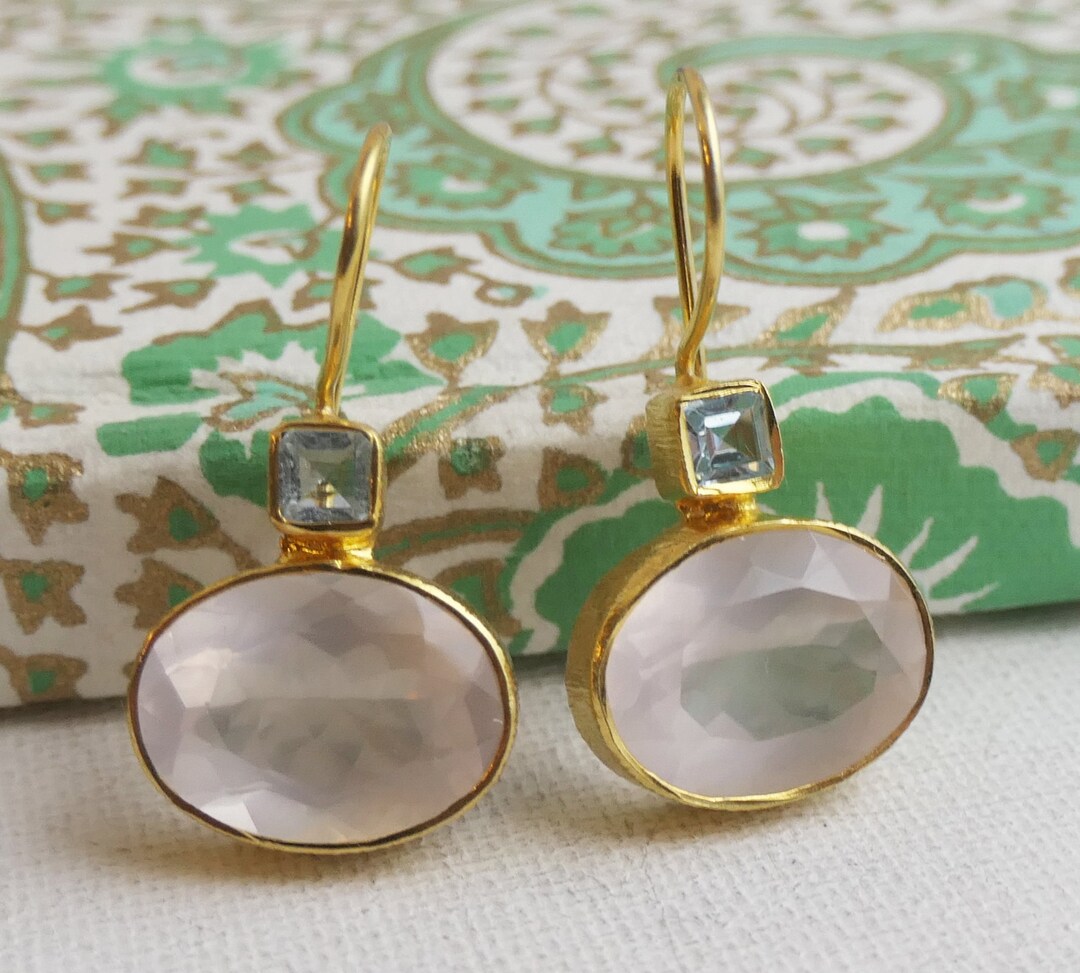 Rose Quartz Blue Topaz Drop Earrings Gemstone Earrings gold Earrings ...