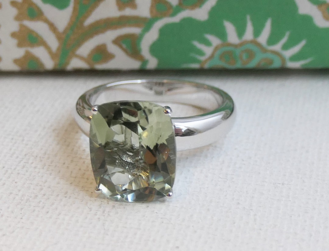 Green Amethyst Cushion Cut Sterling Silver 925 Ring - Natural Gem ...