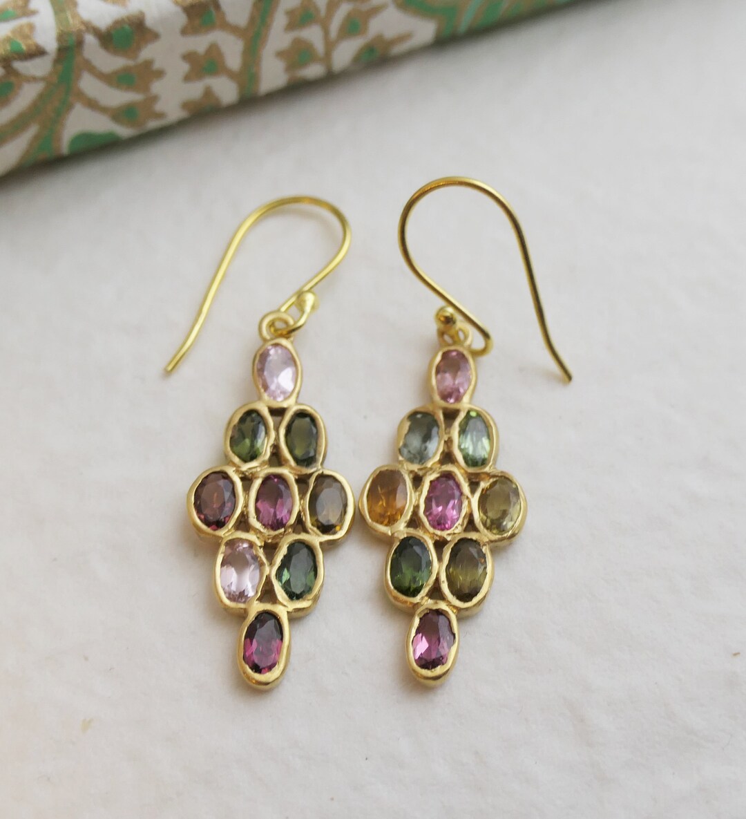 Multi Colored Tourmaline Gold Plated Sterling Silver Drop Earrings ...