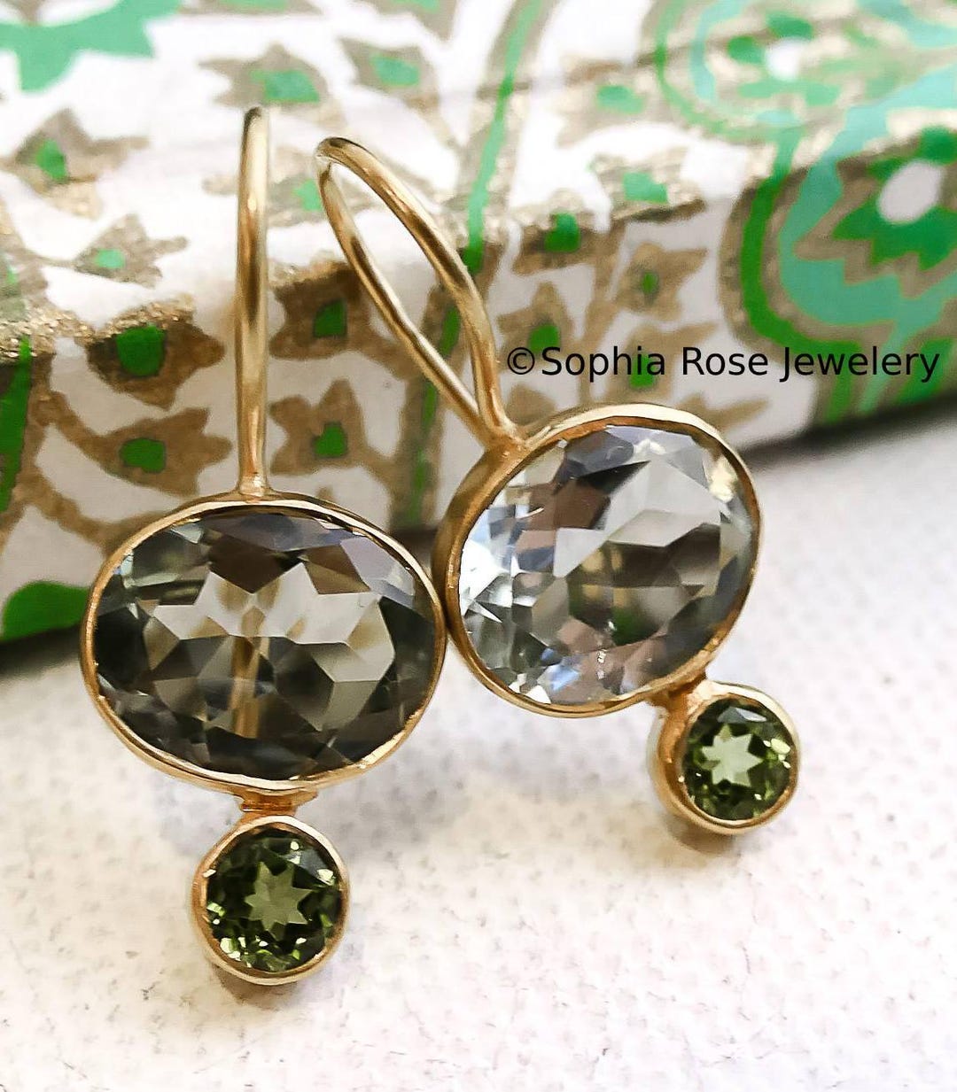 Green Amethyst and Peridot Gold Plated Sterling Silver Drop Earrings ...