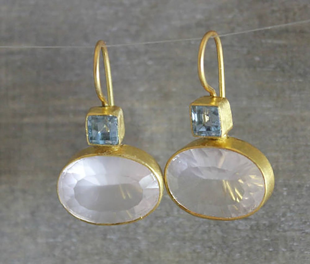 Rose Quartz Blue Topaz Drop Earrings Gemstone Earrings gold | Etsy