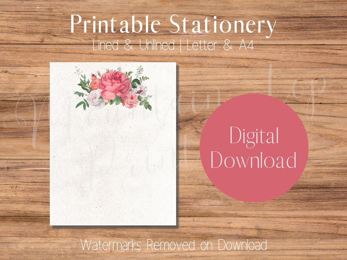 Floral Stationery Set Pastel Rose Lined and Unlined Printable Paper ...
