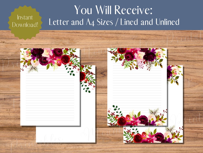 Floral Stationery Set Lined and Unlined Printable Writing Paper Gifts ...