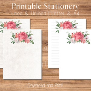 Floral Stationery Set Pastel Rose Lined and Unlined Printable Paper ...
