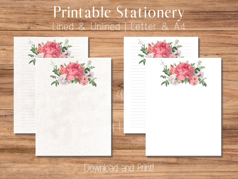 Floral Stationery Set Pastel Rose Lined and Unlined Printable Paper ...