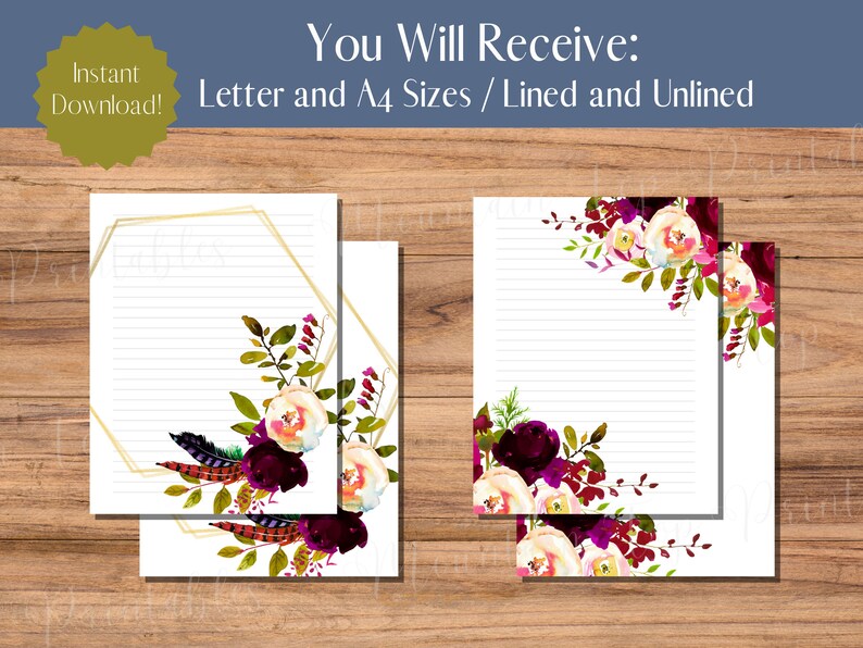 Floral Stationery Set Lined and Unlined Printable Writing Paper Gifts ...