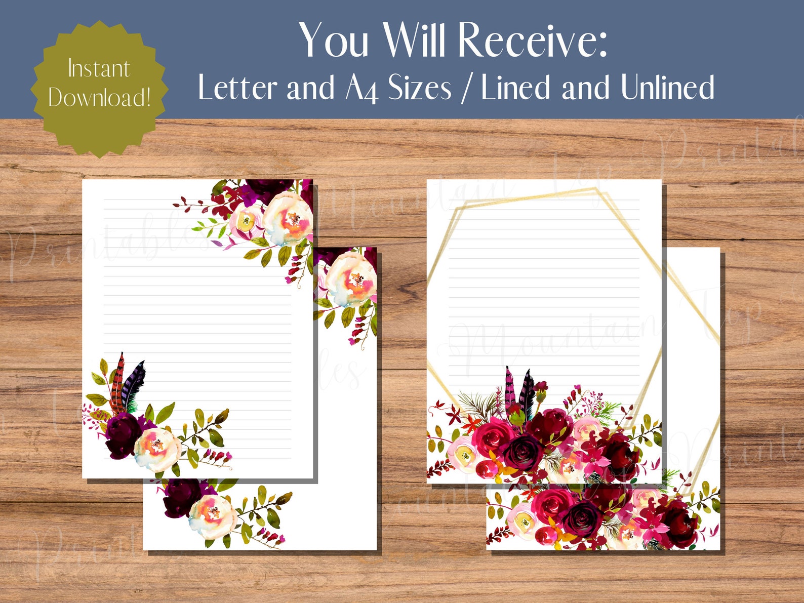 Floral Stationery Set Lined and Unlined Printable Writing Paper Gifts ...