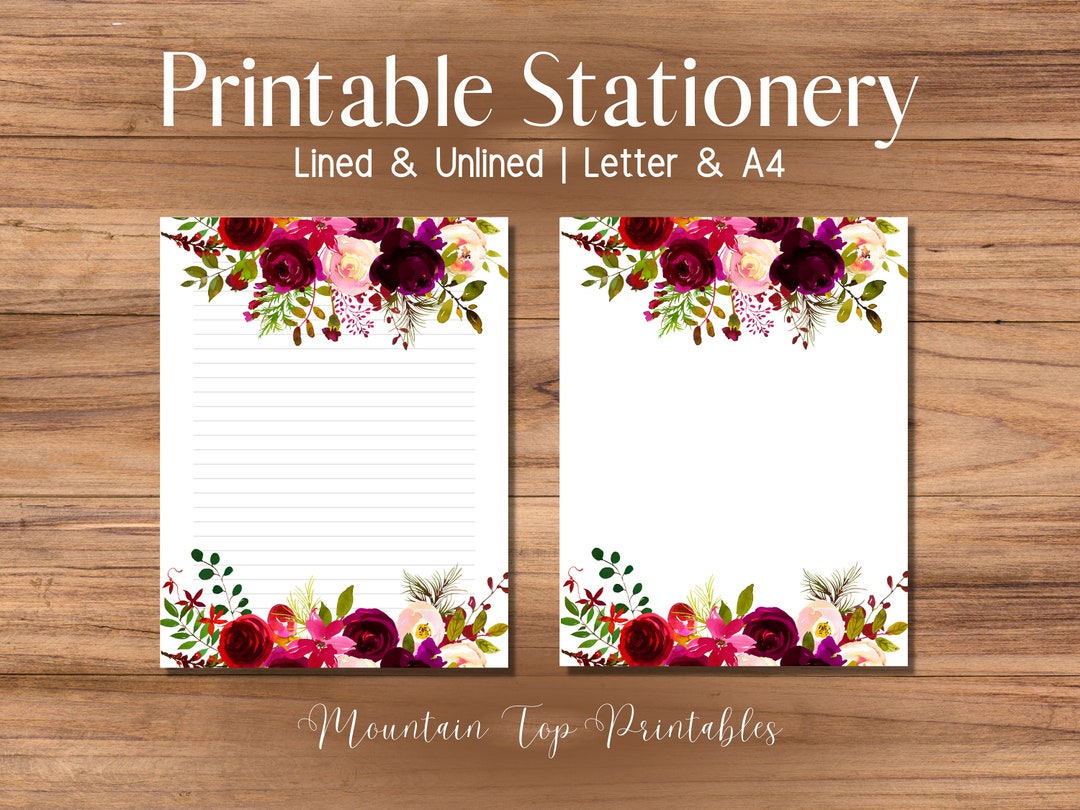 Burgundy Boho Printable Stationery Gift for Her Floral Digital Paper ...