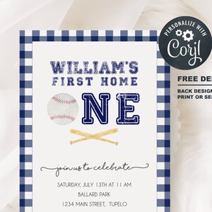 Baseball First Birthday Invitation | Editable Template | Gingham ...