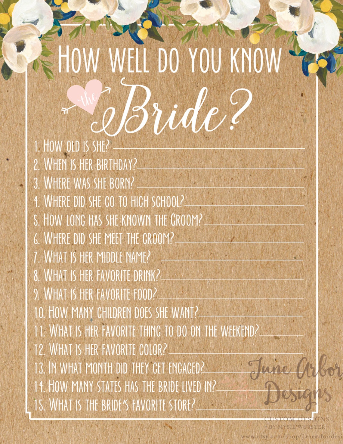 Printable Question Game Bridal Shower Question Game How | Etsy