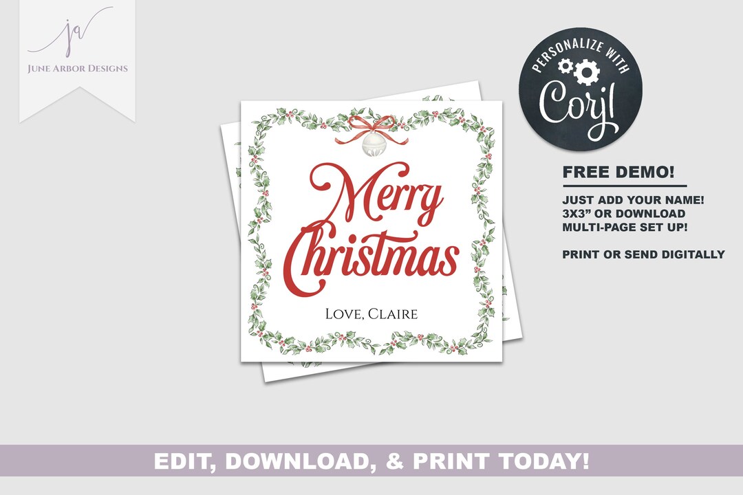 Printable Christmas Gift Tag With Holly Leaves | Favor Tag for Holidays ...