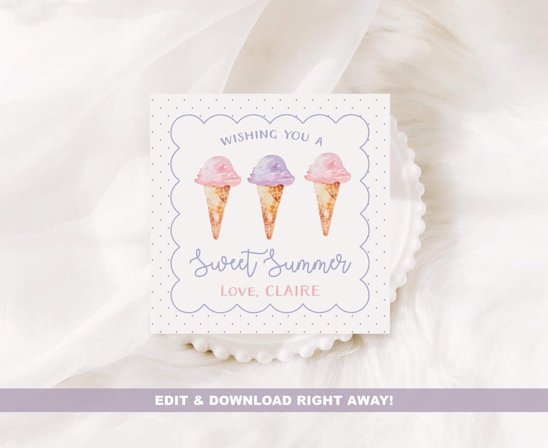 Watercolor Ice Cream Favor Tag: Editable Pool Party Template (digital ...