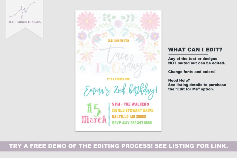 Taco Twosday Fiesta Birthday Invitation: Colorful Girl's 2nd Birthday ...