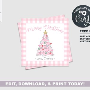 Pink Christmas Tree Gift Tag: Girly Plaid, Editable Template (digital ...