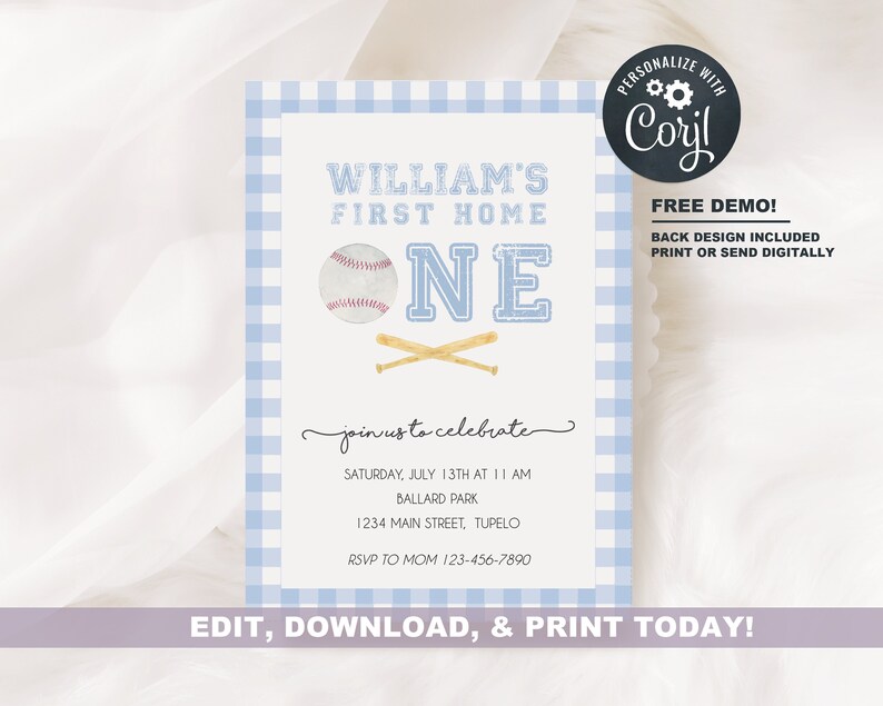 Baseball First Birthday Invitation | Editable Template | Gingham ...