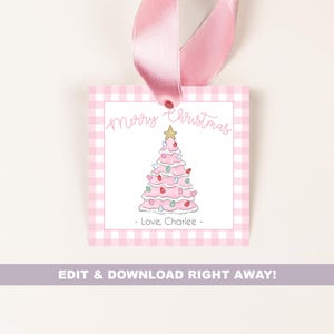 Pink Christmas Tree Gift Tag: Girly Plaid, Editable Template (digital ...