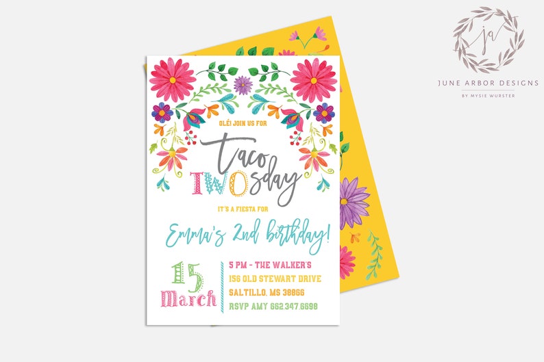 Taco Twosday Fiesta Birthday Invitation: Colorful Girl's 2nd Birthday ...