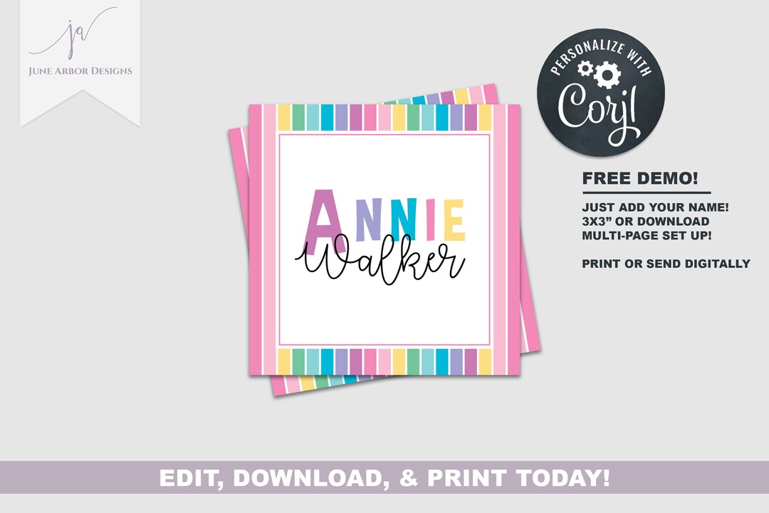 Rainbow Name Tag for Girl Pastel Favor Tag Edit, Download and Print ...