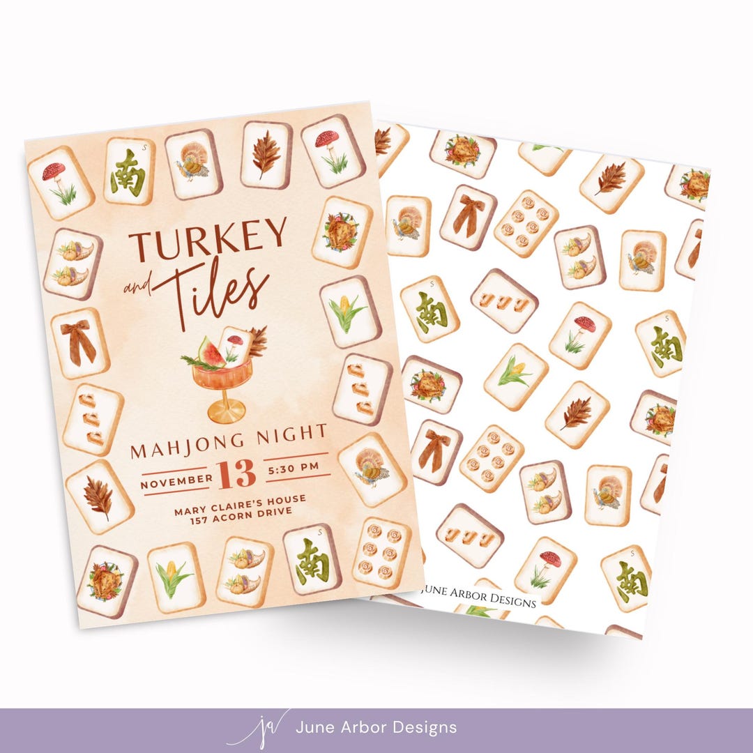 Fall Mahjong Invitation Template, Turkey and Tiles Thanksgiving Event ...