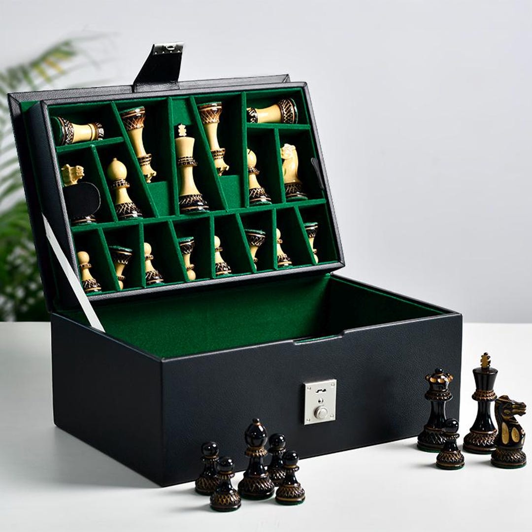 Leatherette Chess Set Storage Box With Double Tray Fixed Slots for 4 ...