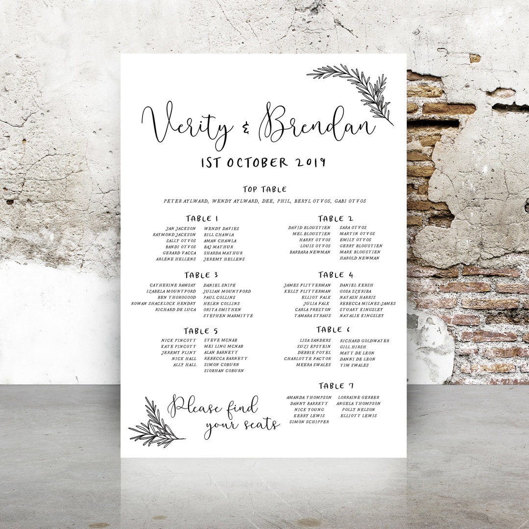 Rustic Botanical Wedding Table Plan, Black and White Table Plan ...