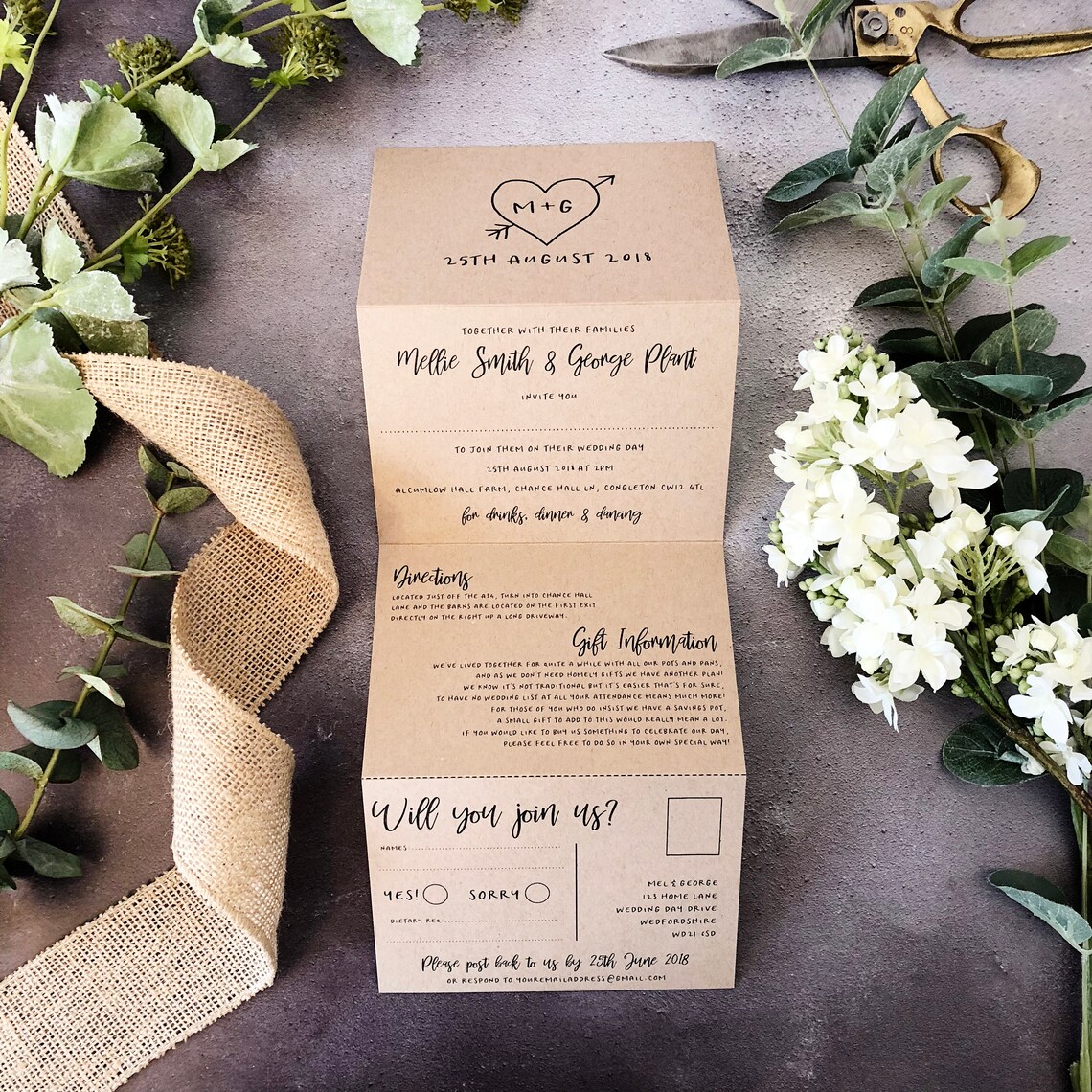 Kraft Rustic Concertina Fold Wedding Invite Heart Sample, Rustic ...