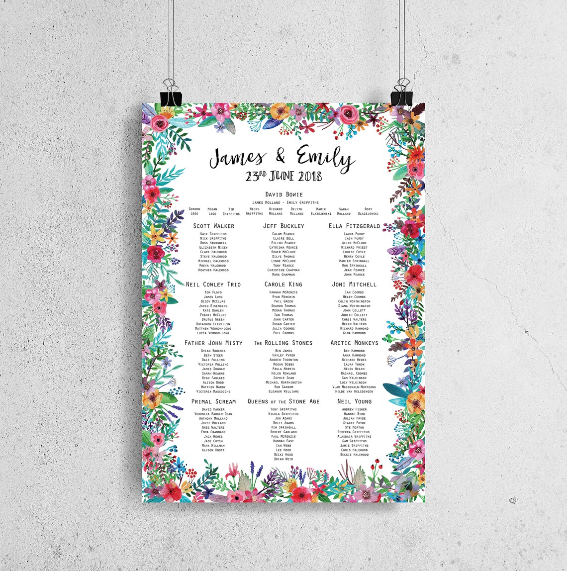 Colourful Flowers Wedding Table Plan Bright Flowers Seating - Etsy UK