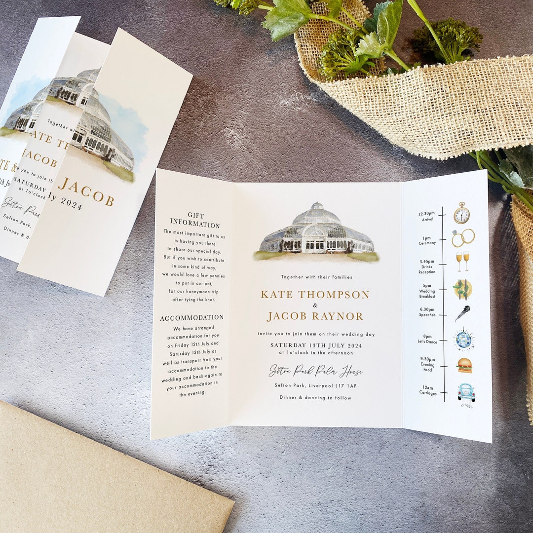 Watercolour Venue Wedding Invitation Gate Fold, Folded Wedding Invite ...