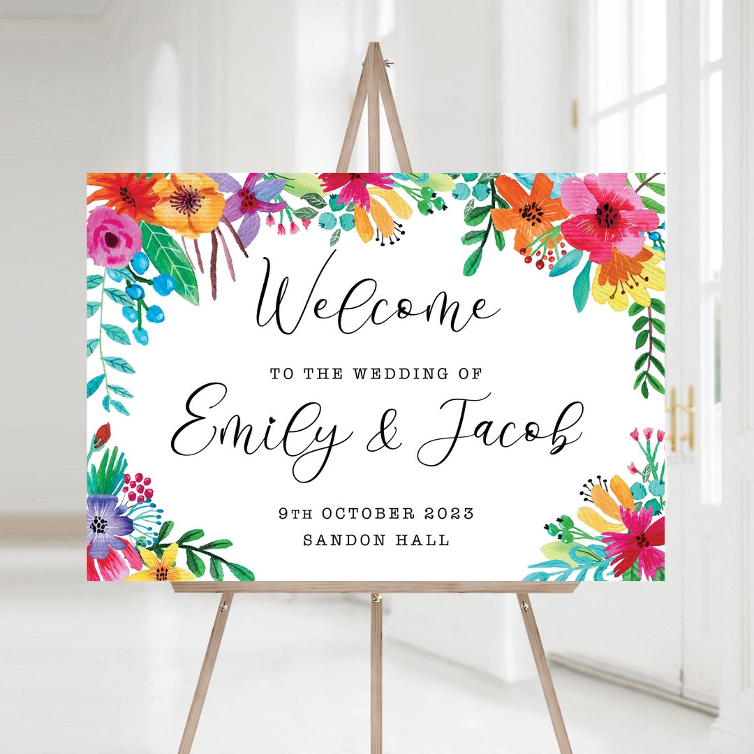 Colourful Floral Fun Wedding Welcome Sign, Bright Flowers Wedding Sign ...
