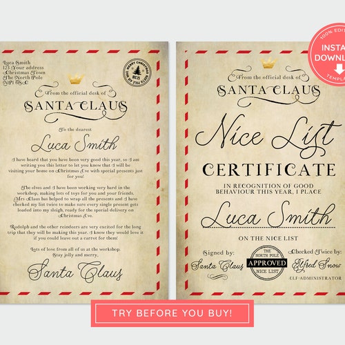Editable Letter From Santa Nice List Certificate I North - Etsy