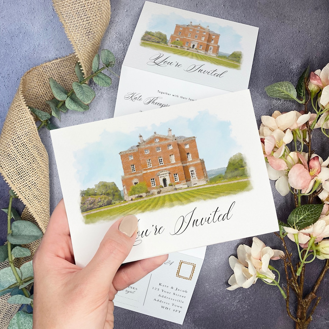 Watercolour Venue Wedding Invitation Concertina, Folded Wedding Invite ...