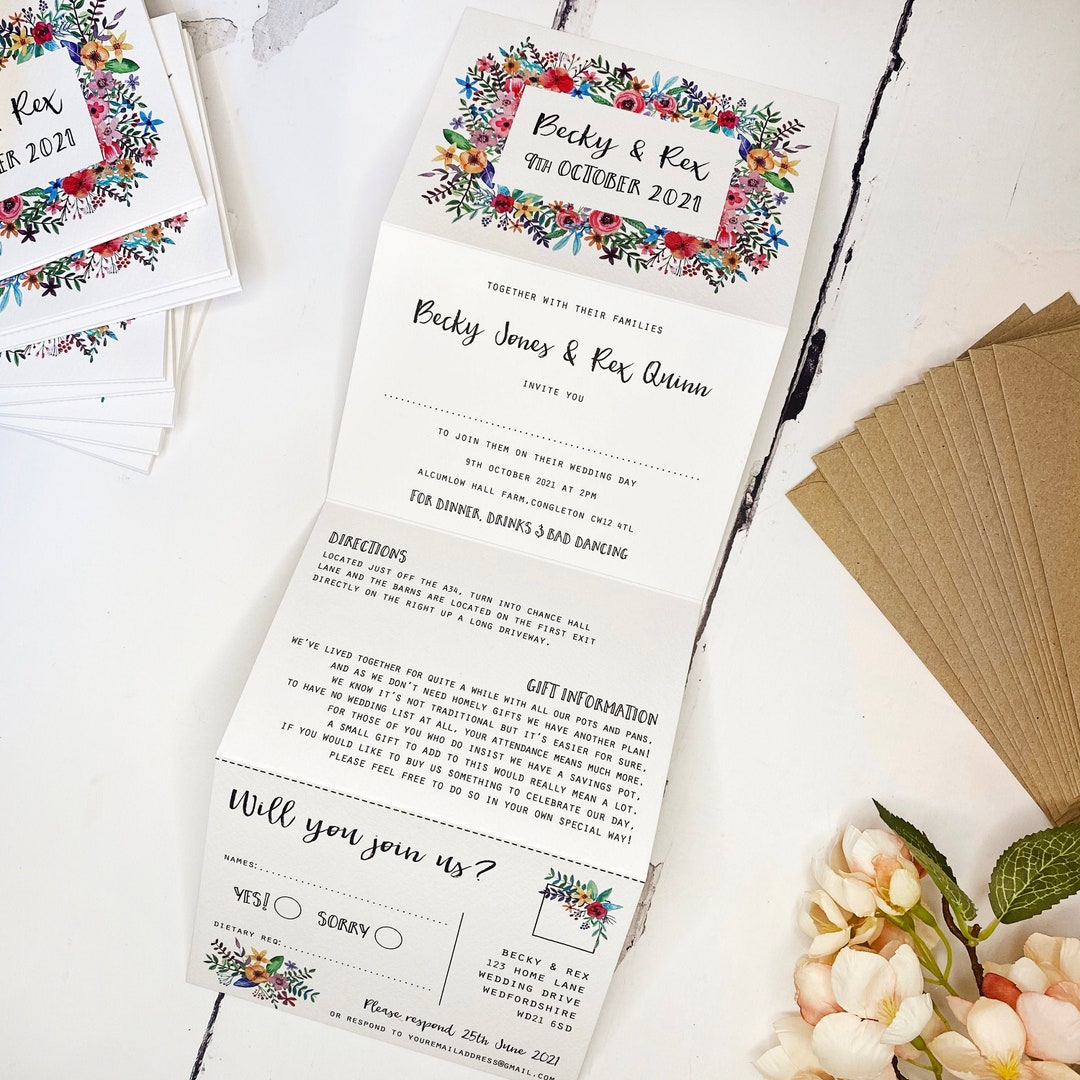 Colourful Flowers Concertina Fold Wedding Invite Sample, Colourful ...