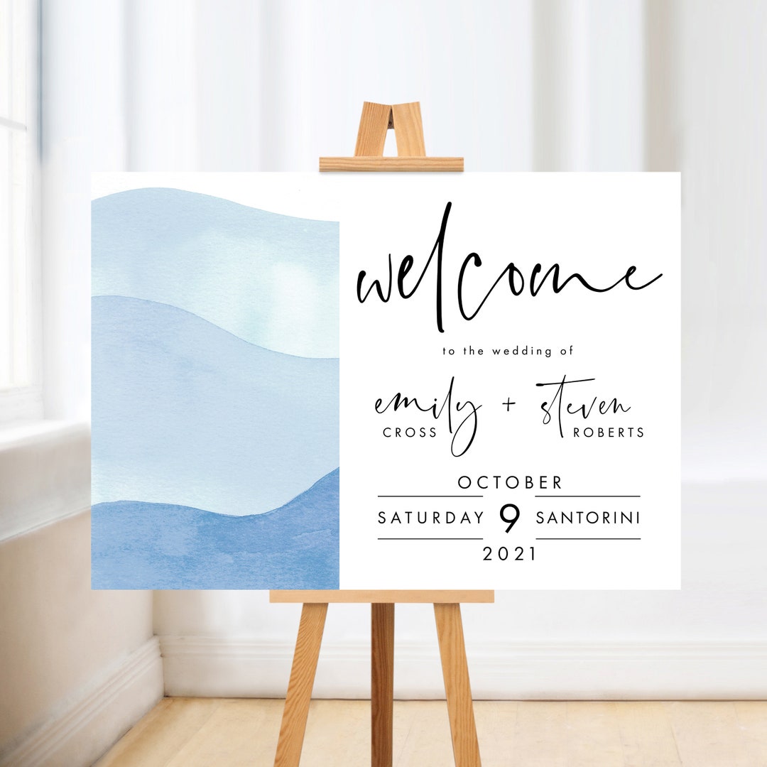 Blue Watercolour Wedding Welcome Sign, Beach, Sea, Destination Wedding ...