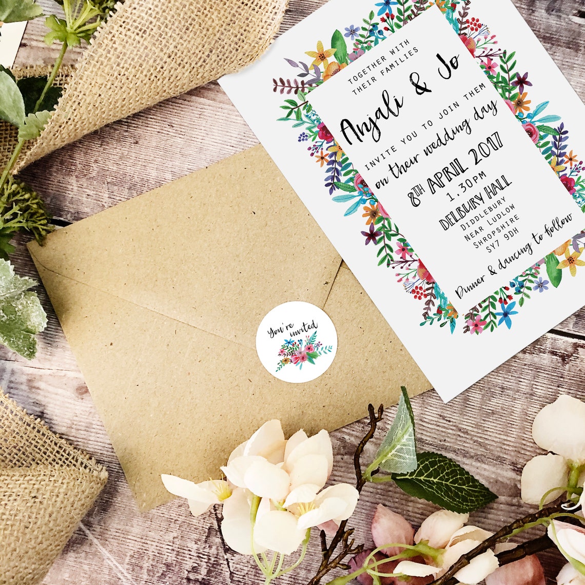 Colourful Flowers Wedding Invitation Sample | Etsy