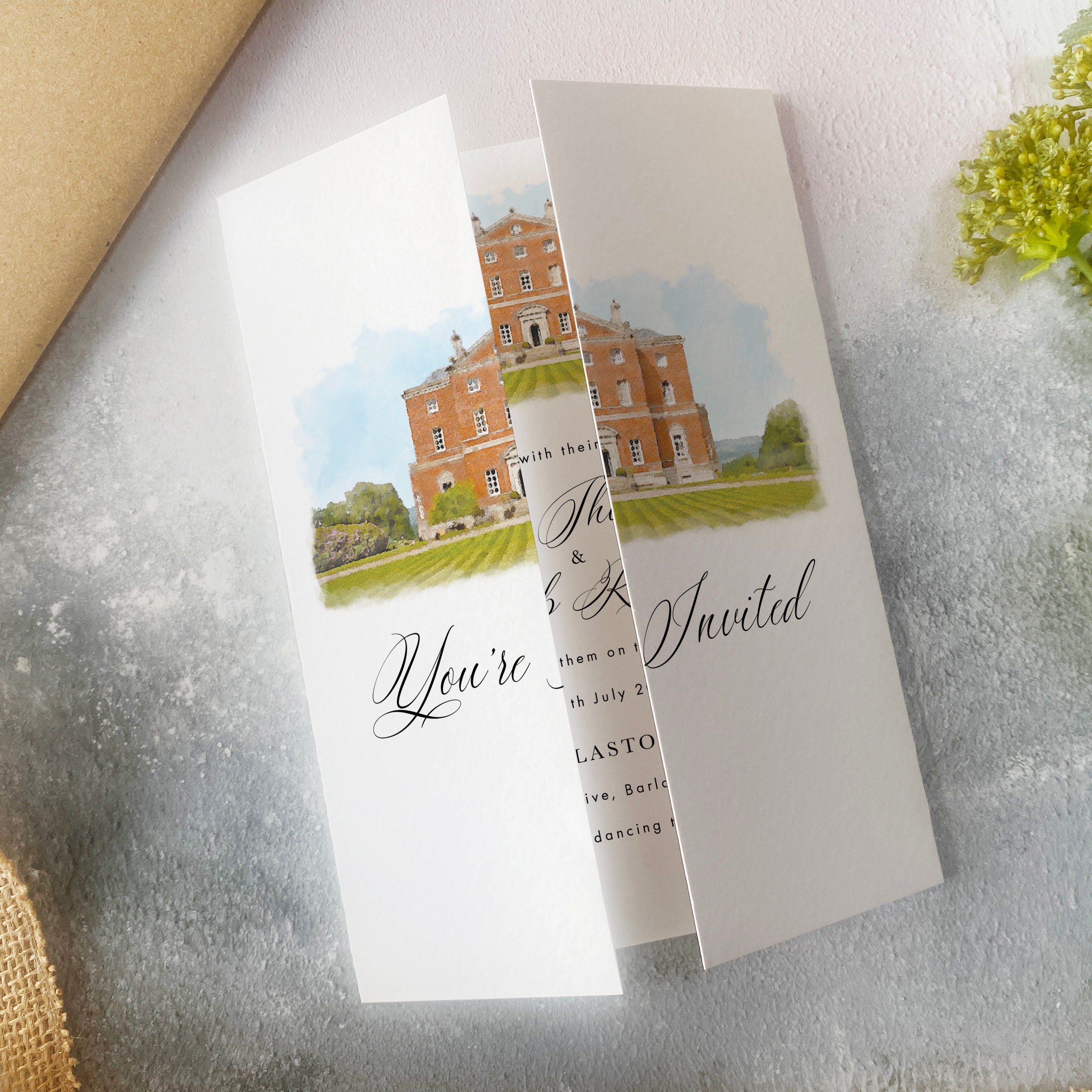 Watercolour Venue Wedding Invitation Gate Fold, Folded Wedding Invite ...