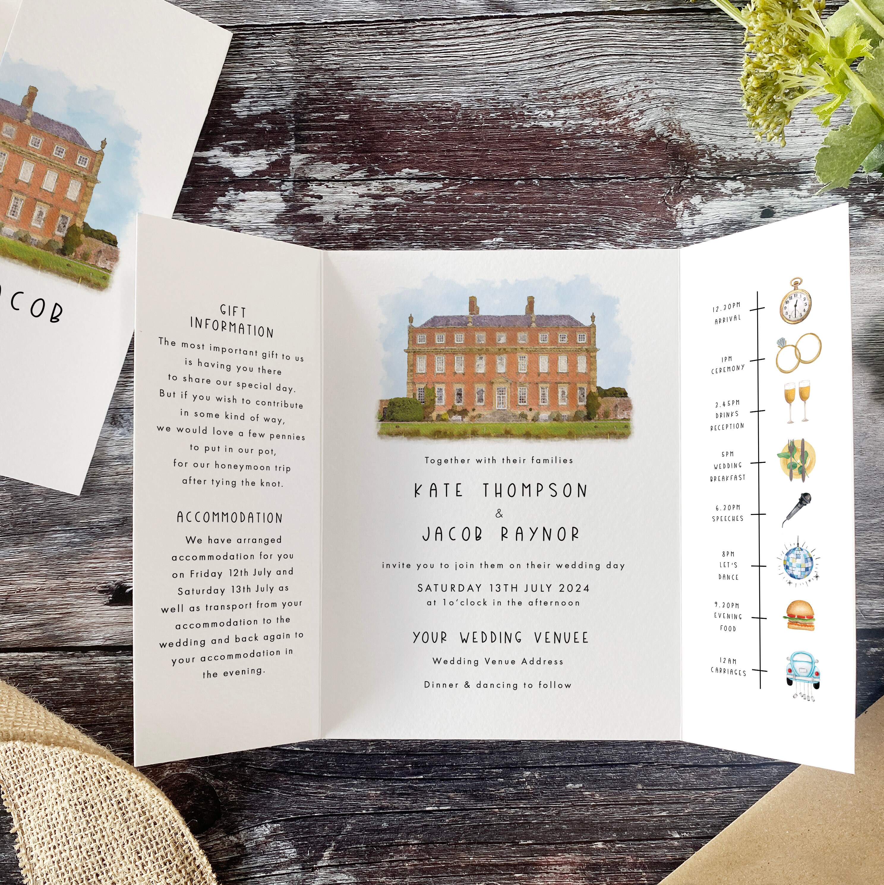Watercolour Venue Wedding Invitation Gate Fold, Folded Wedding Invite ...