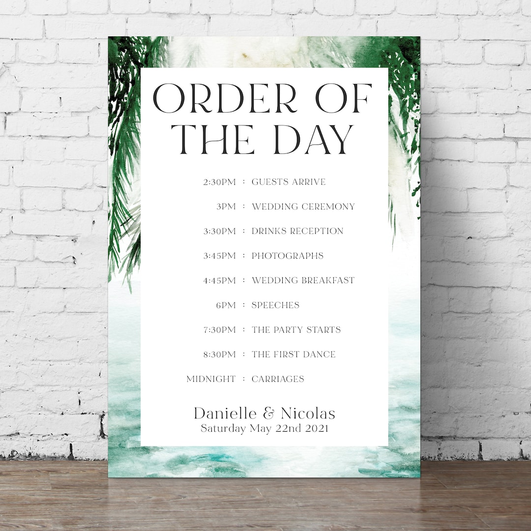 Tropical Foliage Beach Watercolour Order of the Day Sign for ...