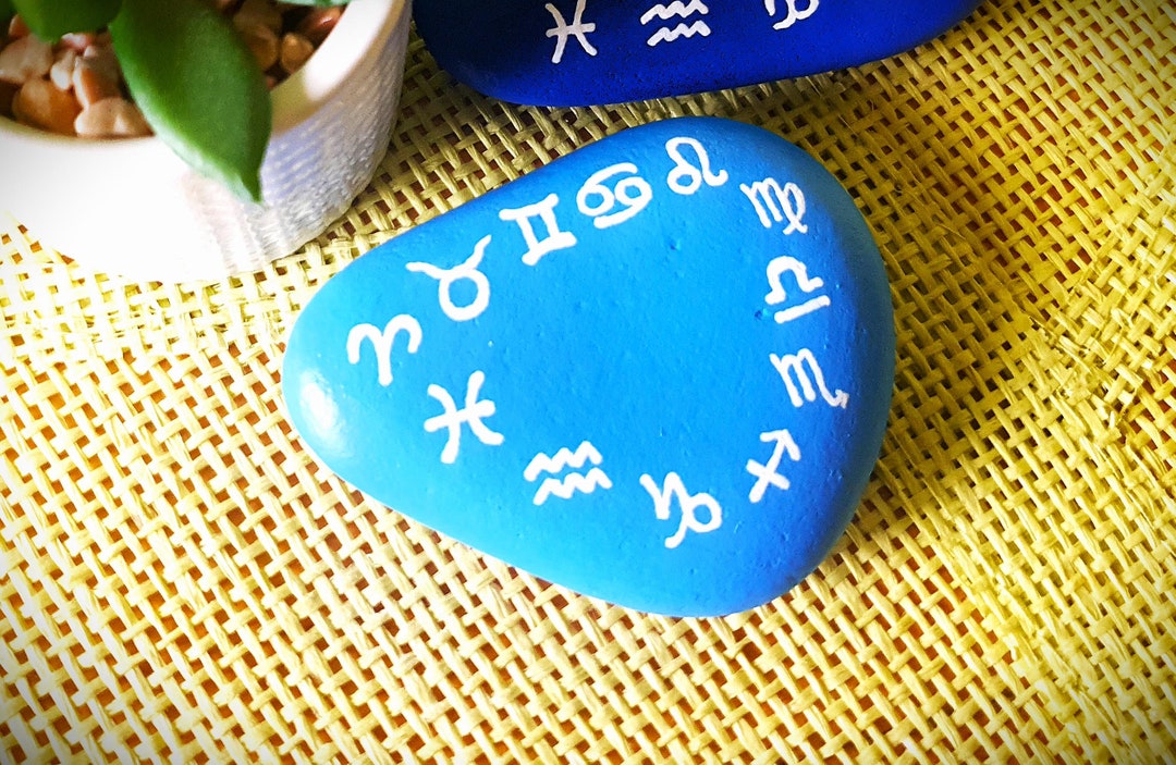 Stone With 12 Zodiac Signs, Handmade Acrylic Painted Pebble, Dot Art ...