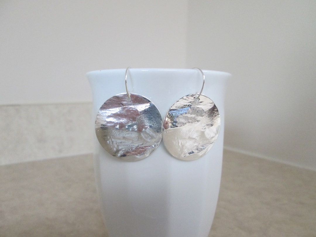 Large Silver Disc Earrings , Textured Earrings , Free Ship - Etsy
