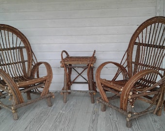 Two Handmade Twig Willow Fan Back Chairs and End Table - Etsy