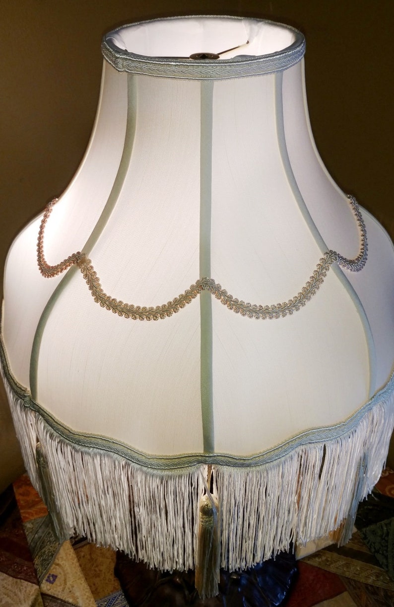 Art Deco Victorian Silk Lamp Shade Handcrafted Shantung Exotic Long Fringe Braided Gimp Treim