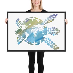 Sea Turtle World Map Framed Art Print - "mother Earth" Watercolor ...