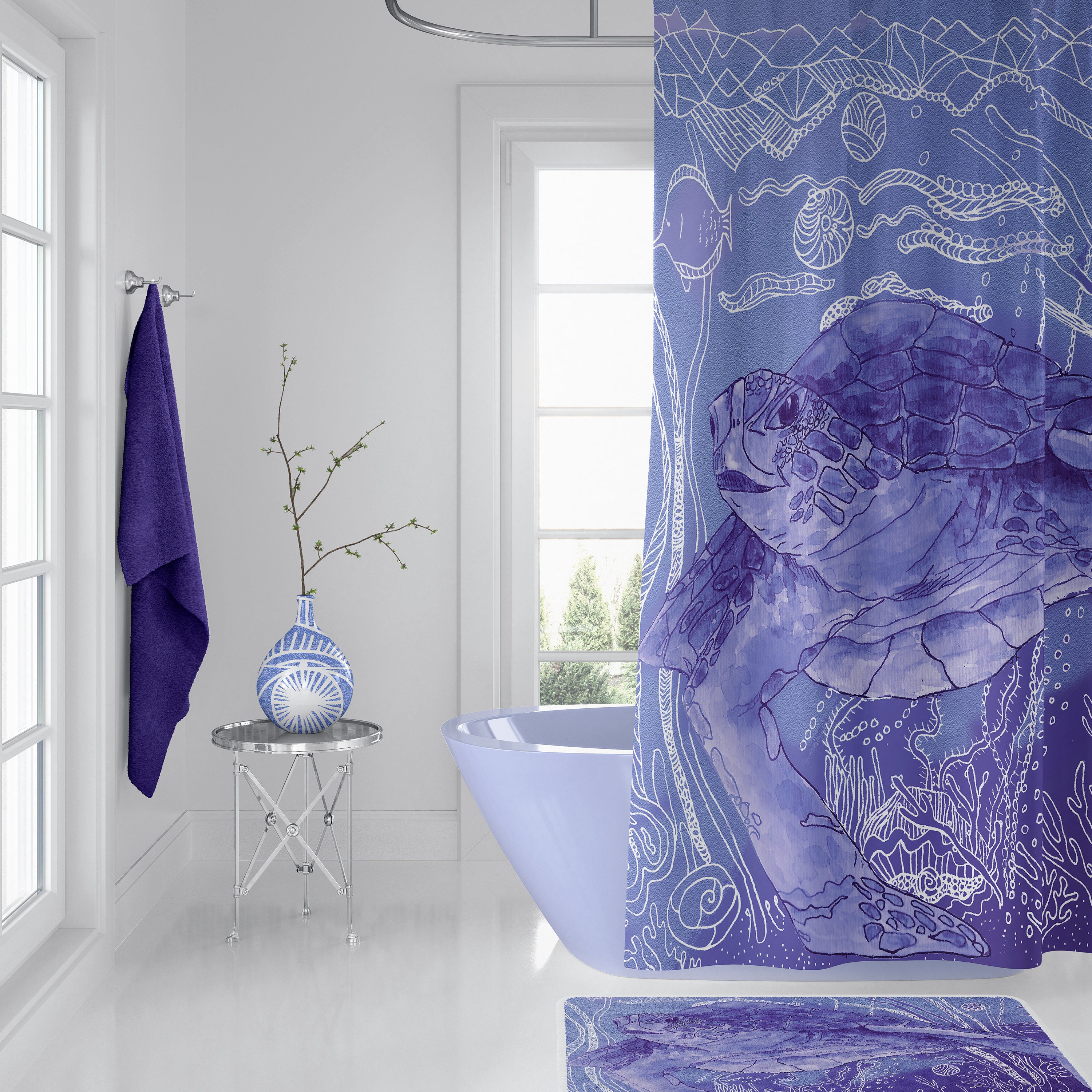 Periwinkle Sea Turtle Shower Curtain: Artistic Watercolor Coastal Decor ...