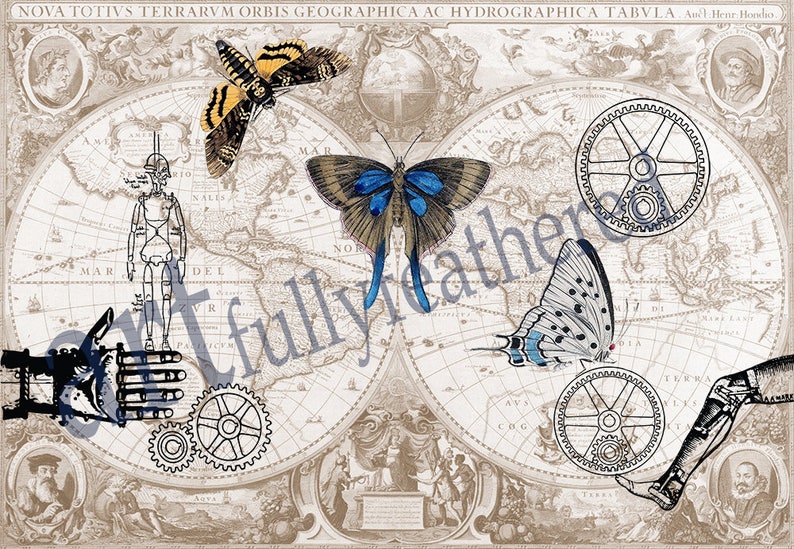 Steampunk Bath Mat Map With Gears and Retro Illustrations | Etsy