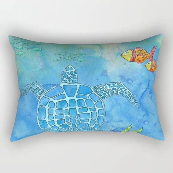 Sea Turtle Pillow Case Blue Watercolor Ocean Undersea Fish | Etsy