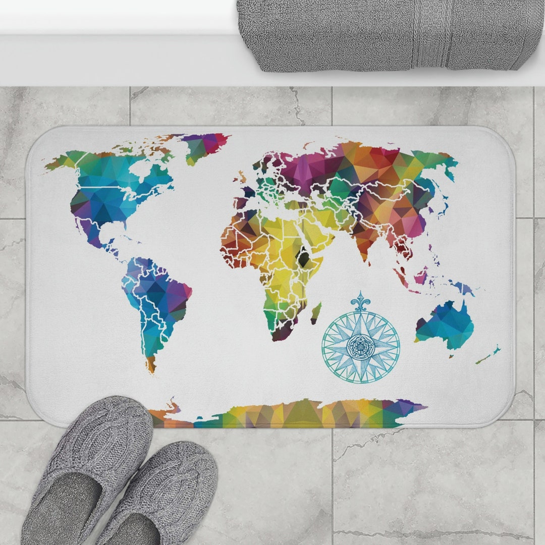 Geometric Modern Design World Map With Compass Rose Bath Mat - Etsy