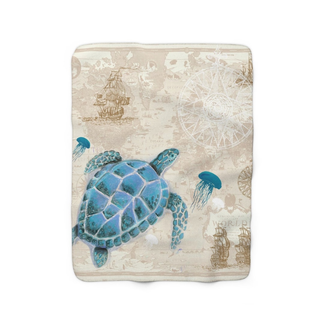 Sea Turtle Sherpa Fleece Blanket - Coastal Decor Throw Blanket, Blue ...