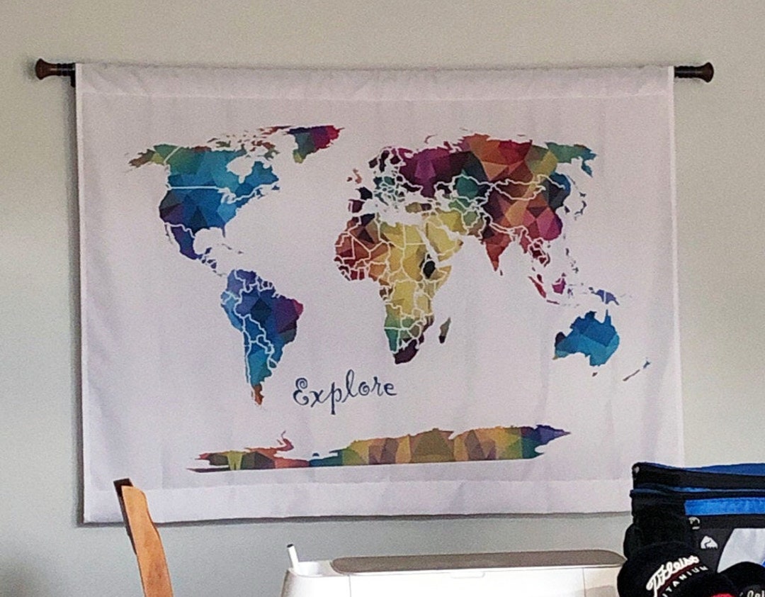 World Map Wall Tapestry, "explore" Fabric Wall Art, Travel, Dorm, World ...