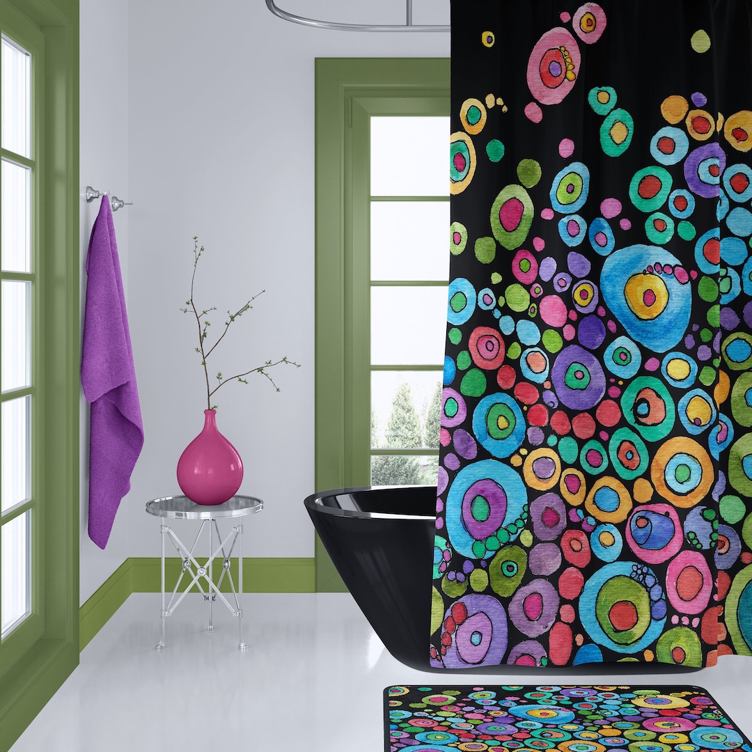 Colorful Shower Curtain Set - Inner Circle Bubbles on Black Abstract ...
